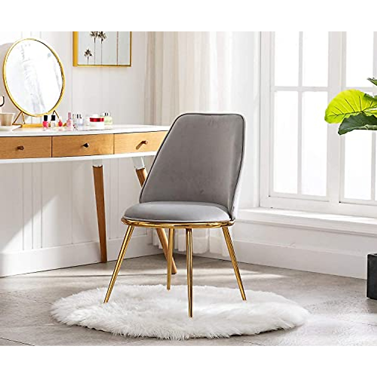 Artechworks Velvet Modern Upholstered Dinning Chair with Golden Metal Base Legs Accent Leisure Lounge Mid-Century Chair for Living Dining Room Bedroom, Grey