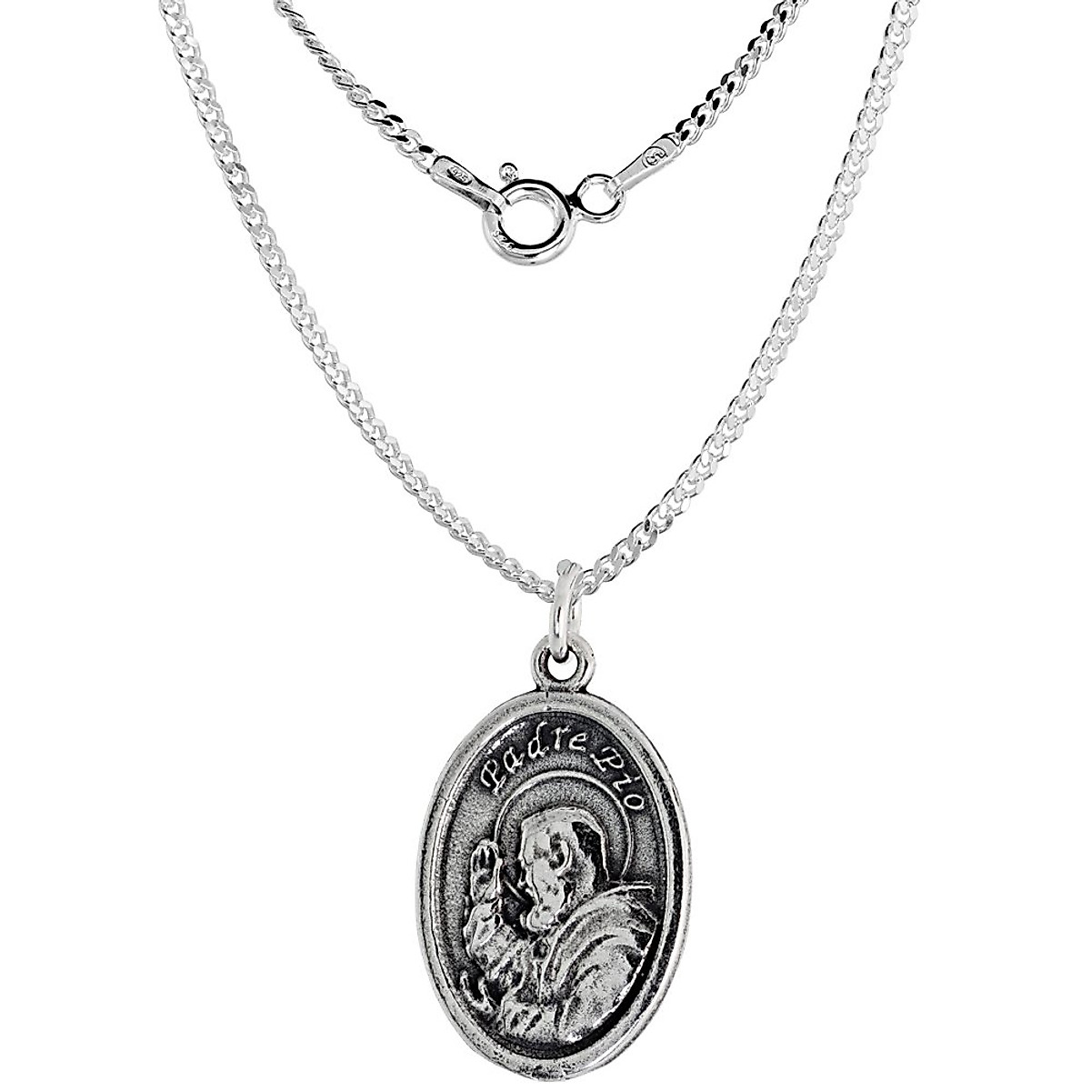 Sterling Silver St Padre Pio Medal Pendant Oxidized finish Oval 7/8 inch