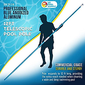 U.S. Pool Supply Professional 12 Foot Blue Anodized Aluminum Telescopic Swimming Pool Pole, Adjustable 2 Piece Expandable Step-Up - Attach Connect Skimmer Nets, Rakes, Brushes, Vacuum Heads with Hoses