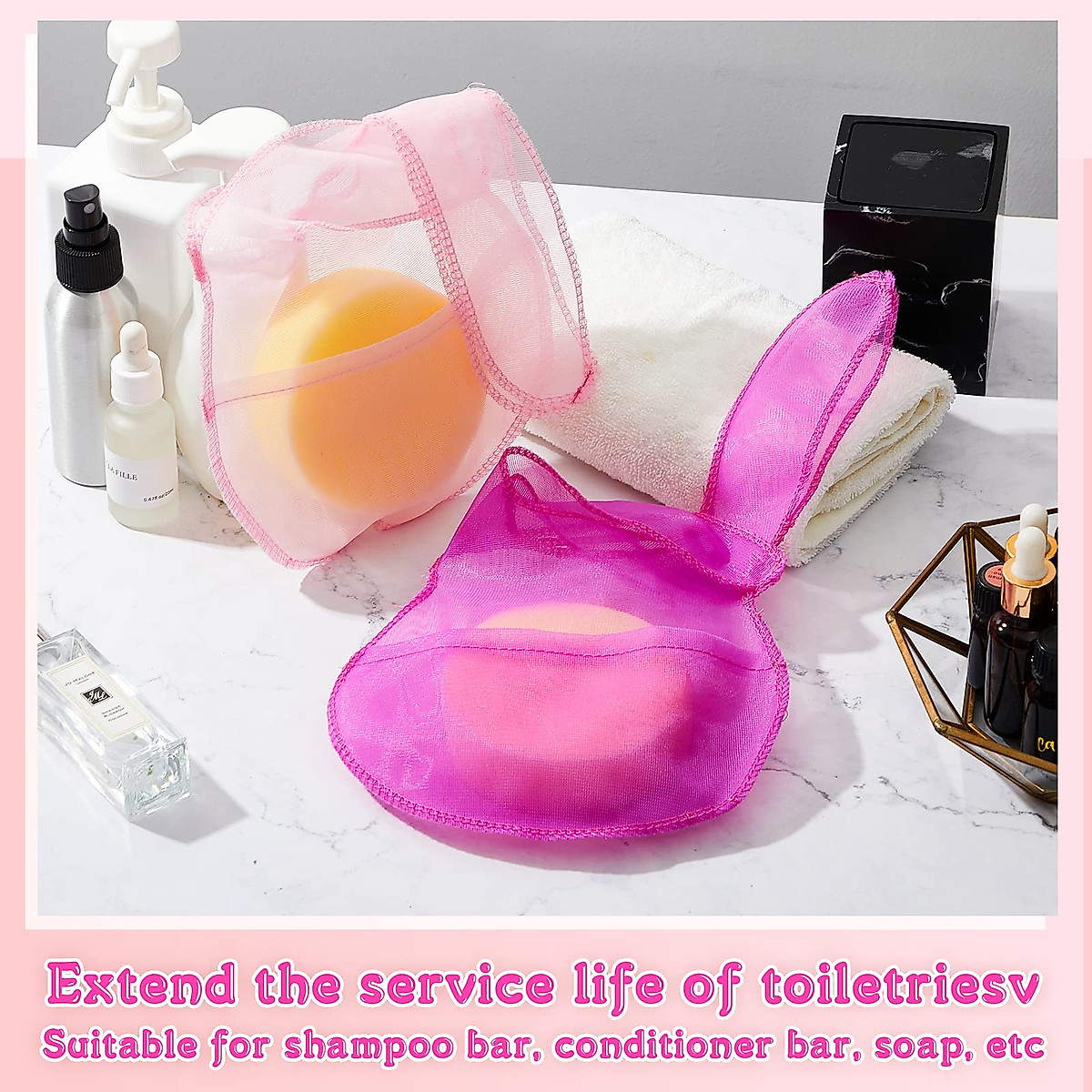 Nuanchu 2 Pcs Bar Soap Saver Bag Beauty Shampoo Conditioner Bar Pouch Rabbit Shape Travel Soap Holder Loofah Bubble Foam Net Savers Recycled Mesh Soap Bag(Light Pink, Rose Pink,14x7.8'')