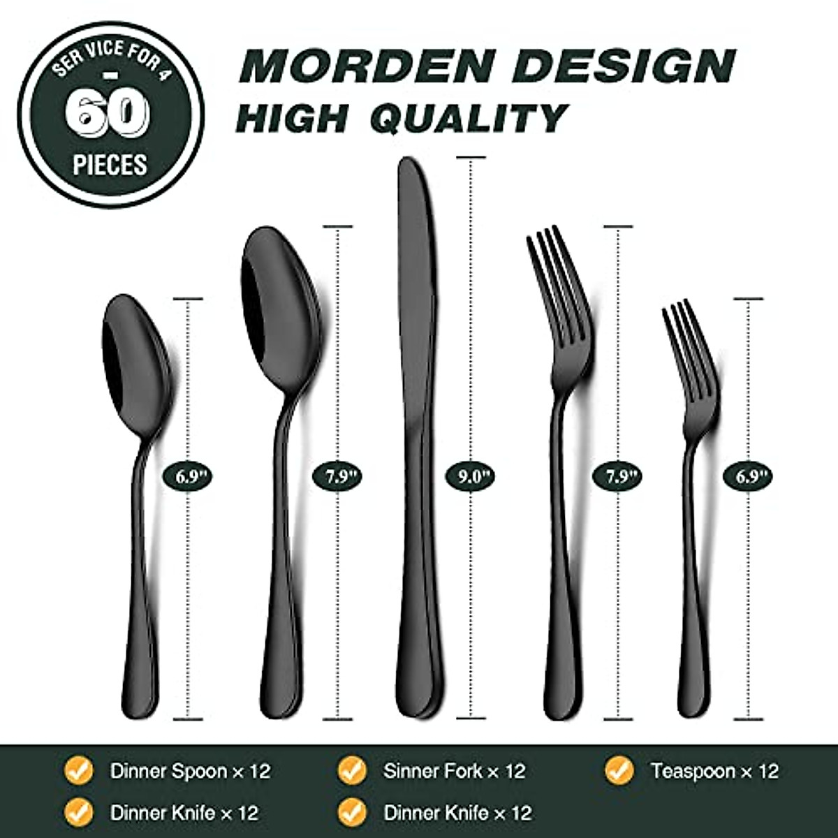 Black Silverware Set, Umite Chef 60-Piece Stainless Steel Flatware Set for 12, Kitchen Tableware Cutlery Set for Home and Restaurant, Mirror Finish