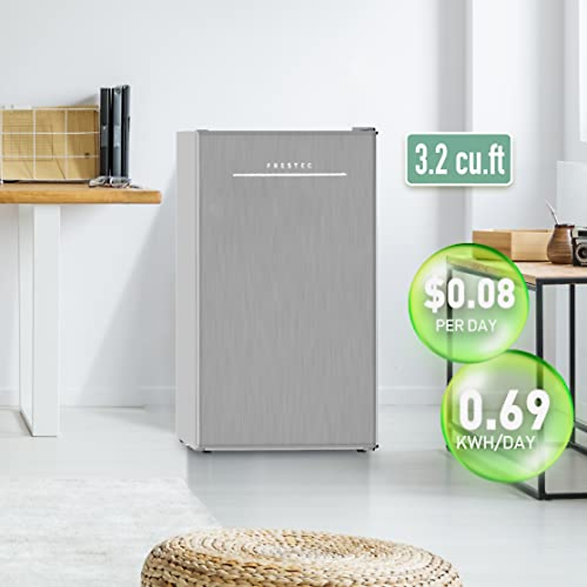 3.2 Cu.Ft. Small Refrigerator with Freezer, Mini Fridge for Bedroom, Mini Dorm Refrigerator with 6 Settings Mechanical Thermostat, One-Touch Defrosting System, Energy Saving, for Office, Home, Apartment, Silver