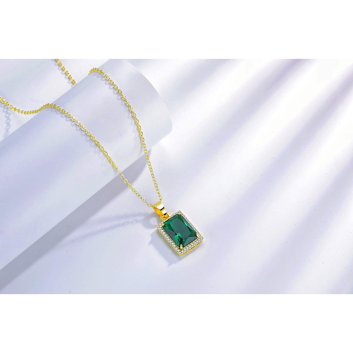 VONSSY Green Pendant Necklace | Rectangle Created-Emerald Pendant Necklace | 18" with 2" Extender Chain