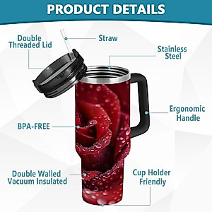 FRCSDIY Beautiful Rose Insulated Tumbler with Handle and Straw Lid,30oz Leakproof Stainless Steel Cup BPA-Free Water Bottle