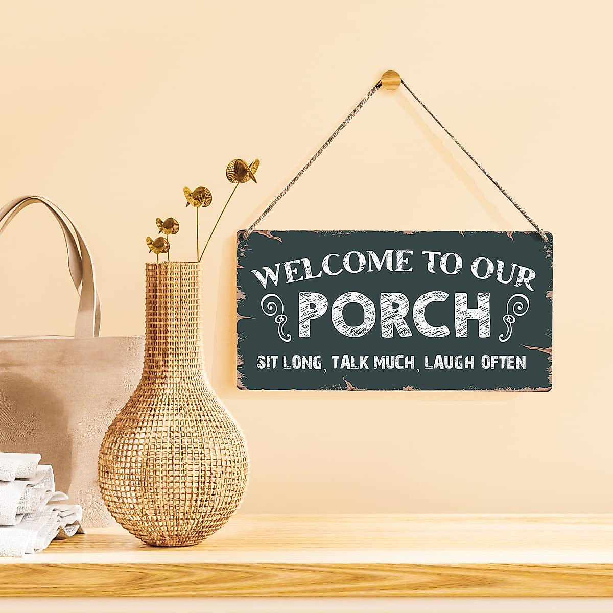 Welcome to Our Porch Sit Long Talk Much Laugh Often Sign Gift Farmhouse Porch Wooden Hanging Sign Plaque Retro Wall Art Decor for Home Decoration 12 x 6 Inches