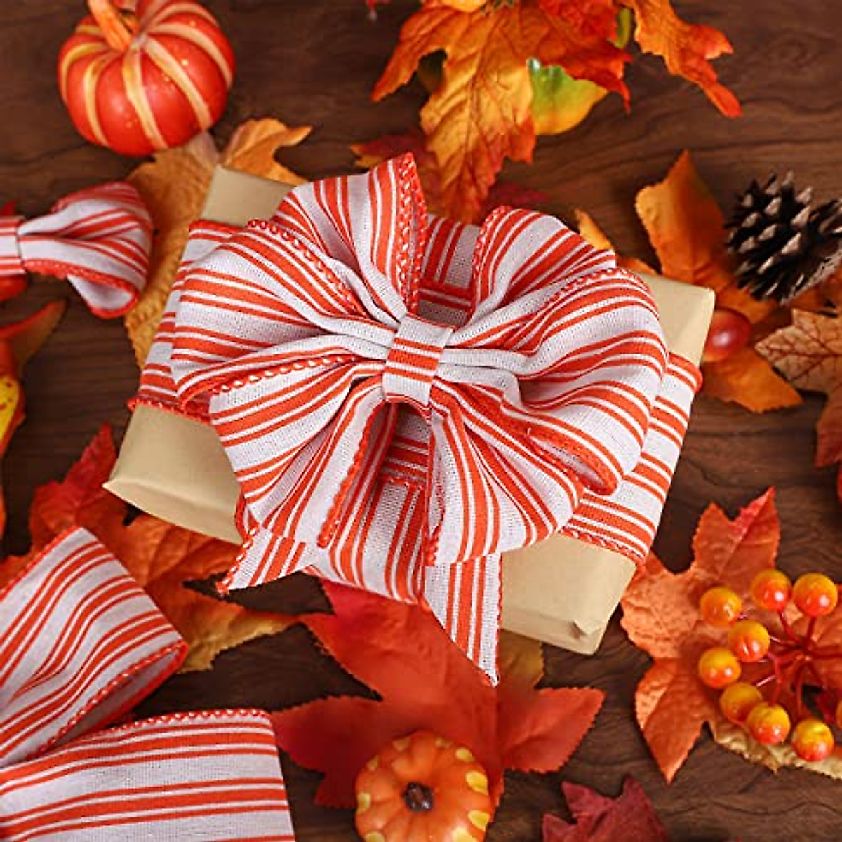 Whaline 2 Rolls Fall Thanksgiving Wired Ribbon Autumn Farmhouse Wired Edge Ribbon Orange Stripe Craft Ribbon for Bow Making Gift Wrapping Sewing Wreath Decoration, 2.5 Inch, 12 Yard