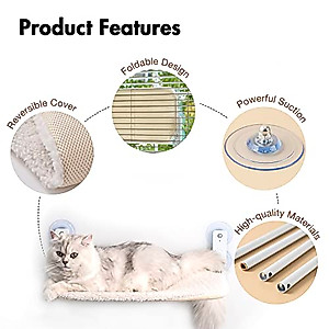 Cat Window Perch Durable Cat Hammock Seat for Indoor Cats Reversible Mat Use Year-Around Foldable Cat Bed Providing All-Around Sunbath Saving Space Washable Holds Up to 40 lbs (Plush Beige)
