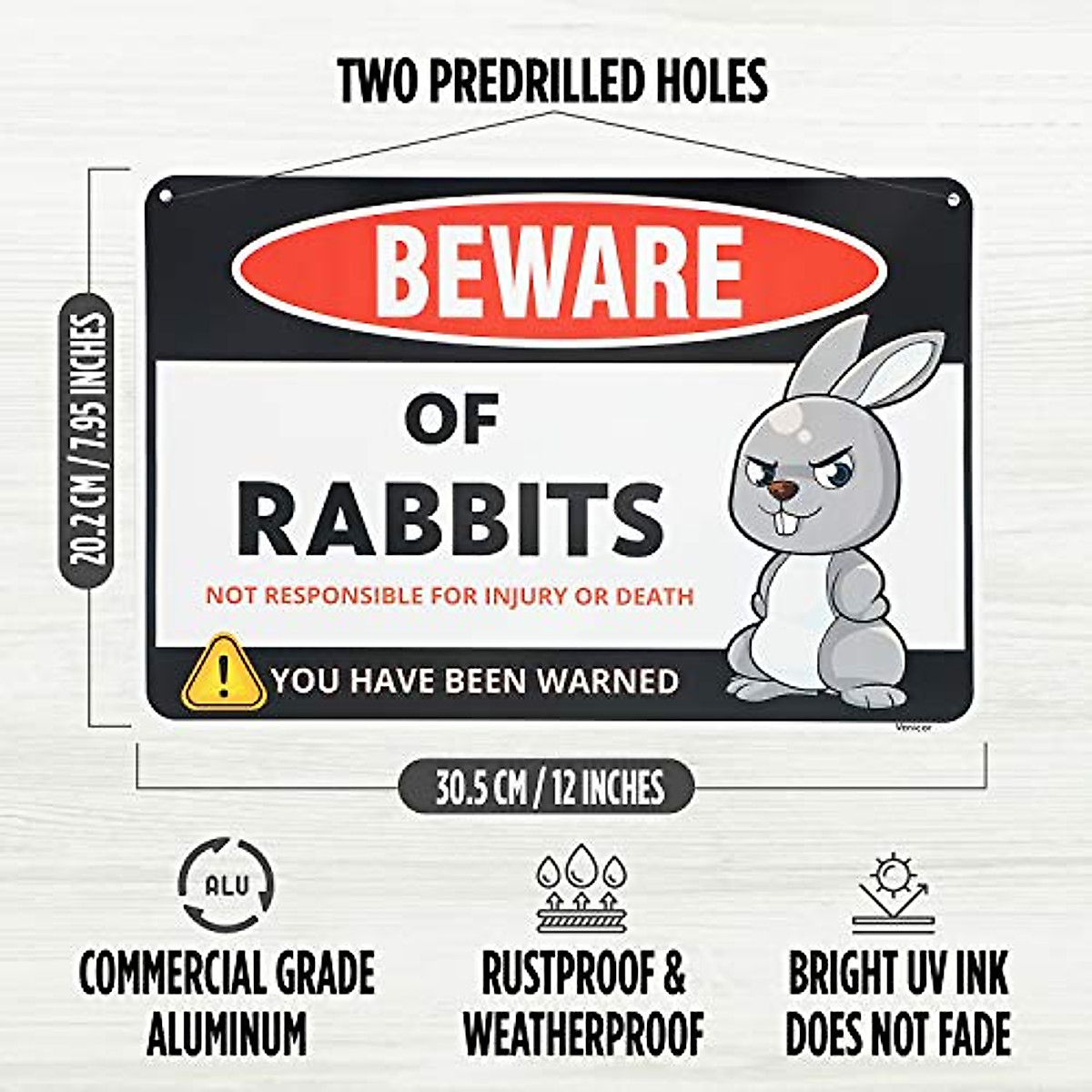 Venicor Beware of Rabbit Sign Decor - 8 x 12 Inches - Aluminum - Bunny Rabbit Decorations Accessories Gifts Supplies Stickers Stuff