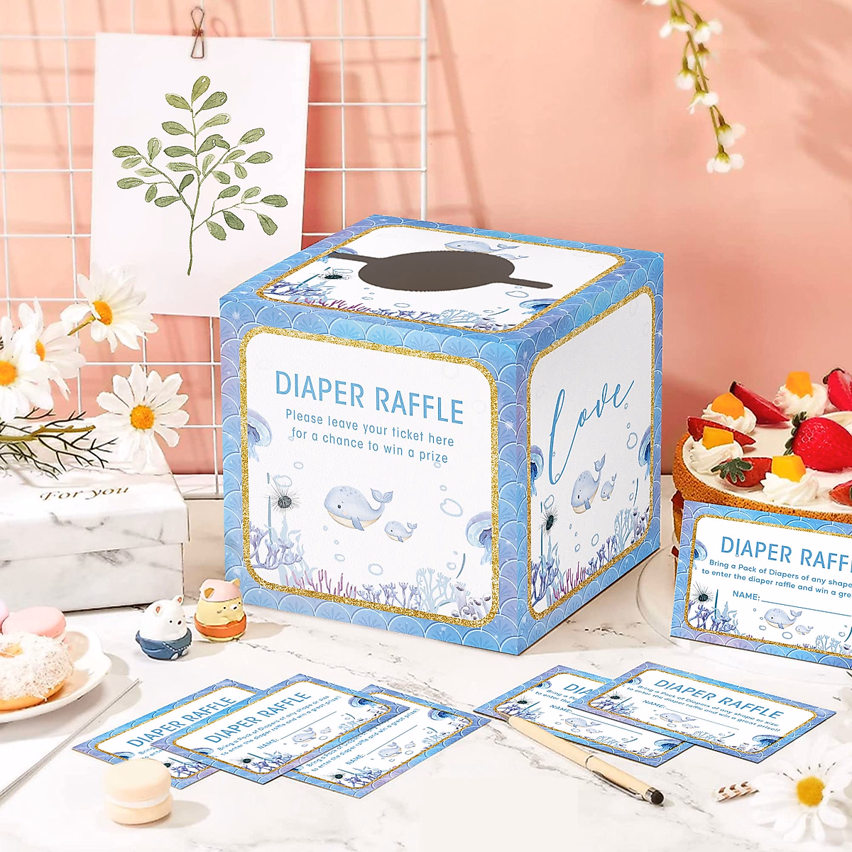 Azbuk Ocean World Theme Diaper Raffle Game with Box for Baby Shower, Funny Diaper Raffle Tickets Game, Diaper Party Raffle Insert Cards, Party Decorations Supplies, 50 Diaper Raffle Cards