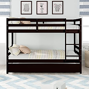 EMKK Twin Over Twin Bunkbed with Trundle,Detachable Bunk Bed with Trundle, Pine Wood Sturdy Frame, Ideal for Kids'Room Guest Bedroom,Gray