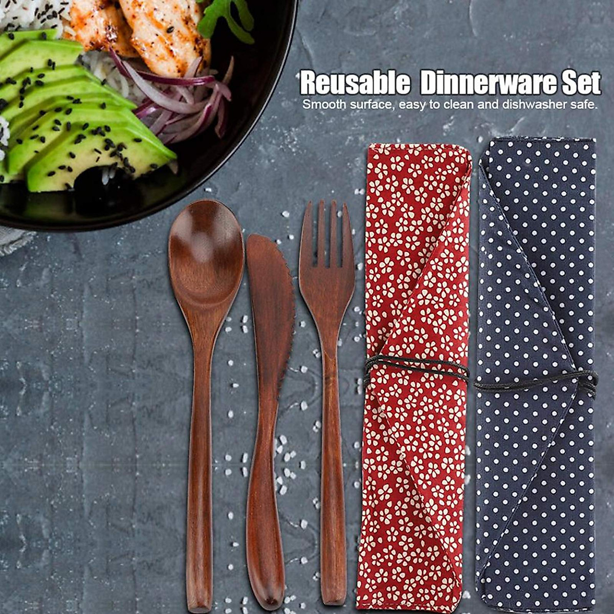 9Pcs Wooden Knife Fork Spoon Wooden Dinner Utensil Set Kitchen Dinnerware Portable Utensils for Parties Weddings Barbeques and Other Special Occasions