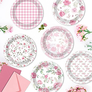 Justforjoyful 48Pcs Floral Paper Plates Pink Rose Party Decoration Disposable Vintage Flower Party Dinnerware Tableware Set Tea Party Dinner Plate for Birthday Wedding Baby Shower Party Supplies 7in