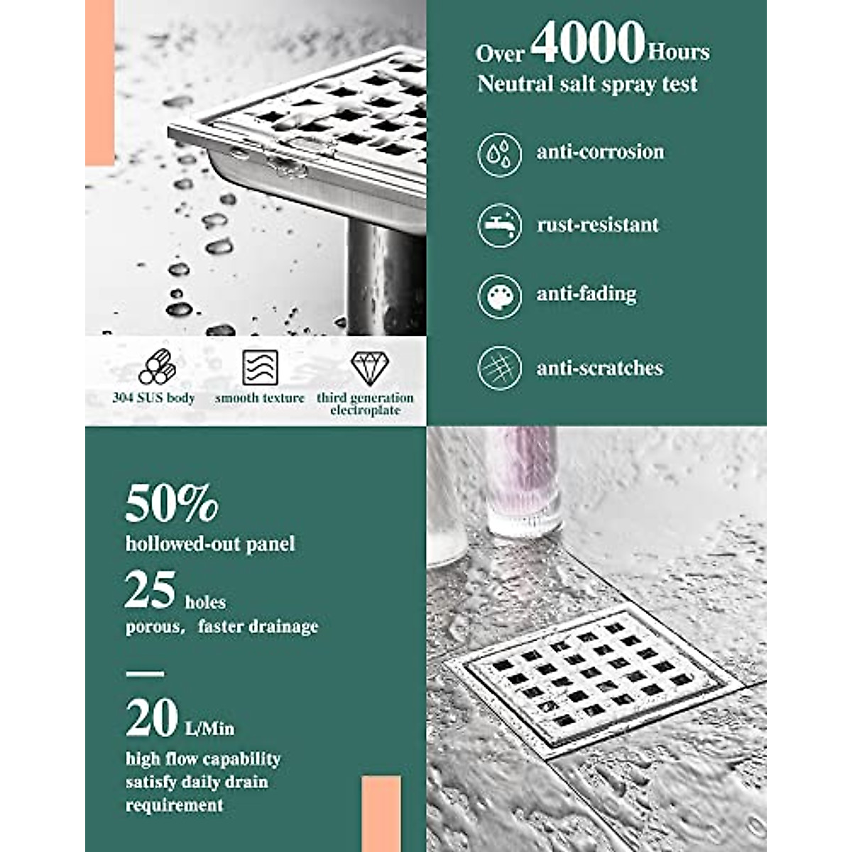 KUZOR Square Shower Drain 4 inch, Brushed Nickel 2 Pack Floor Drains for Shower with Flange and Hair Strainer, Brushed 304 Stainless Steel Quadrato Pattern Grate Removable, Fast 6.5 GPM Drainage