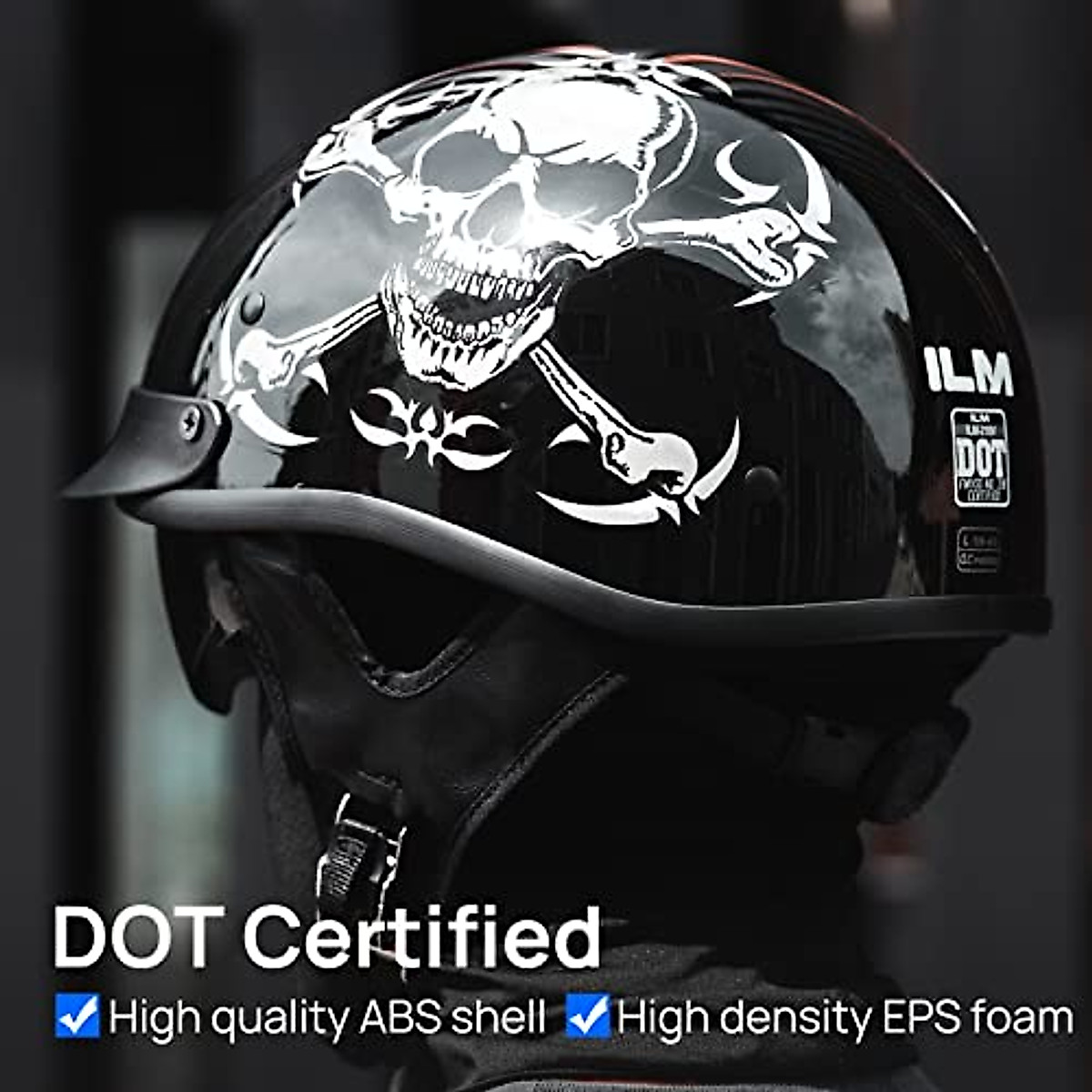 ILM Half Helmet Open Face Motorcycle Helmets for Moped Cruiser Scooter with Sun Visor, DOT Approved Model-210V (Skull, XX-Large)