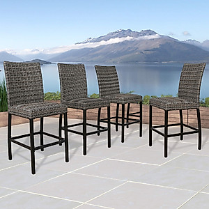 Iwicker Patio PE Wicker Height Bar Chairs, Outdoor Heavy-Duty Steel Frame Rattan Bar Stools with Padded Quick Dry Foam and Curved Backrest, Set of 4