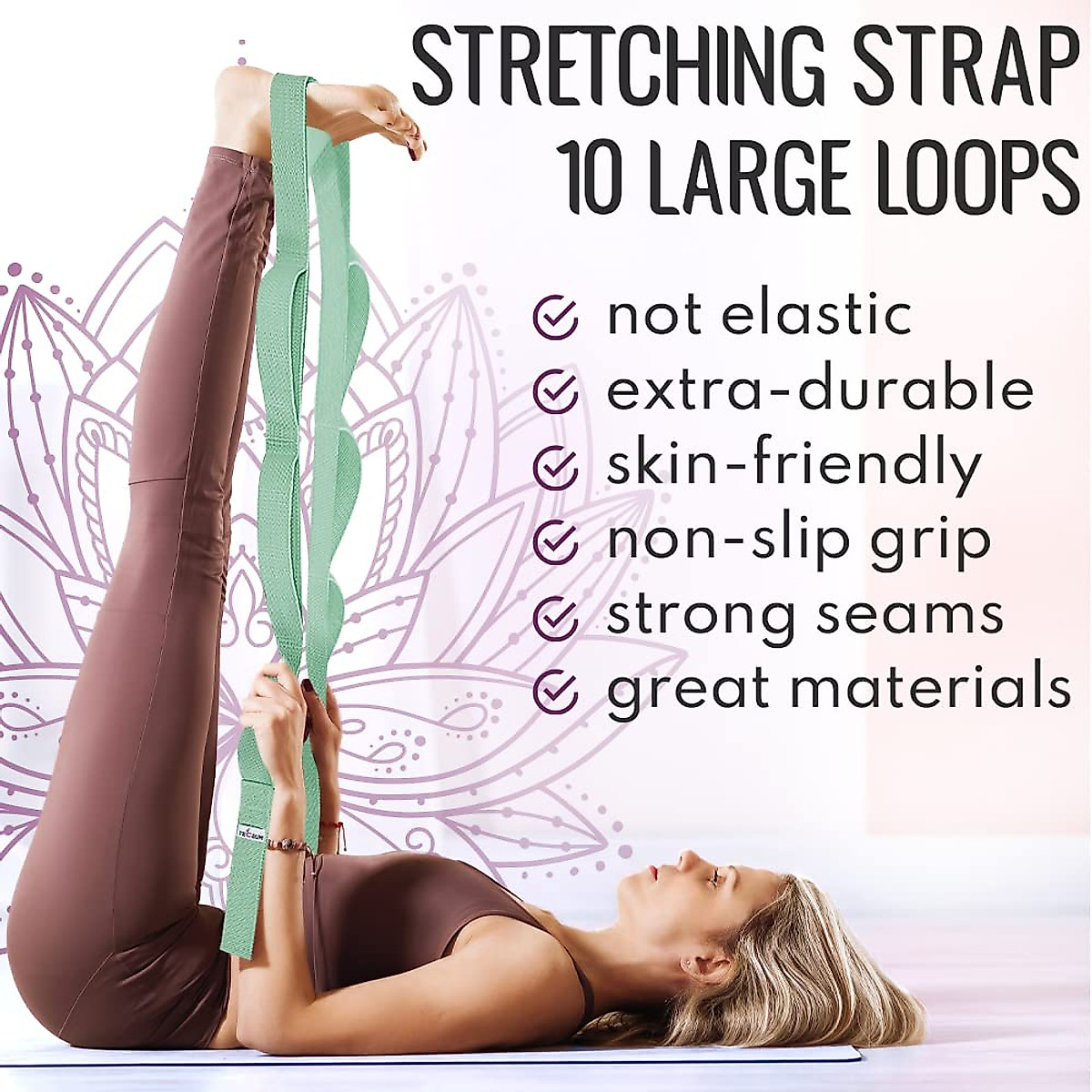 [NEW 2023] TECEUM Stretching Strap for Yoga & Physical Therapy – 10 Loops – Choice of materials & colors – Non-elastic Leg Stretch Out Straps for Stretching, Exercising, Pilates, Post-injury