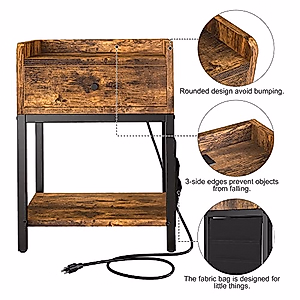 FABATO End Table with Charging Station Nightstands with Drawer and Fabric Bag Storage & USB Ports Narrow Sofa Side Table for Small Spaces with Metal Frame Living Room Bedroom, Rustic Brown