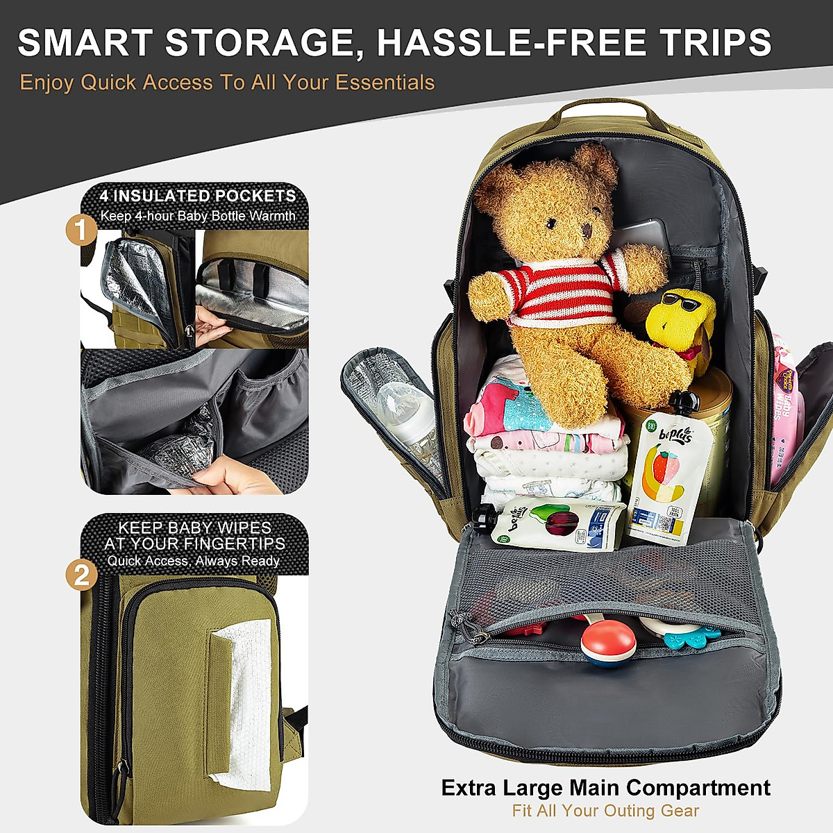 MIRACOL Military Diaper Bag for Dad - Large Diaper Backpack with 12+ Compartments - Insulated Bottle Pockets Quick-Access Wipe Dispenser for Travel Hiking Camping Tan