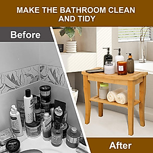 VVW Bamboo Shower Bench with Storage Shelf,19 Inch 2-Tier Wooden Spa Seat Bath Stool for Indoor, Shower Chair Bamboo for Adults Seniors Women Elderly