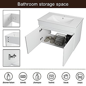 30" Floating Bathroom Vanity with Sink Combo, Wall Mounted Bathroom Vanity Cabinet with Two Soft Close Doors, Wood Bath Vanity with White Ceramic Basin Sink Top for Home Furniture, 30 Inch White