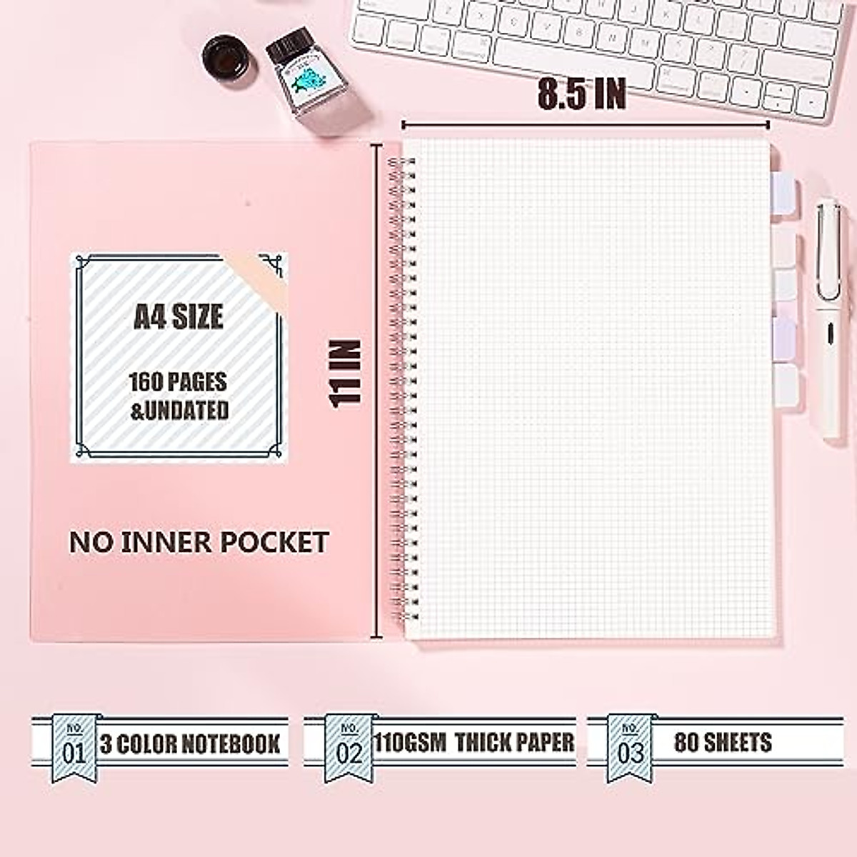 OWSC 3 Pack Graph Notebook, 8.5 x 11 Inches Spiral Notebooks for Work, School and Journal with 110 GSM Graph Paper, Large Notebook with 80 Sheets/160 Pages, Hardcover Grid Paper Notebook