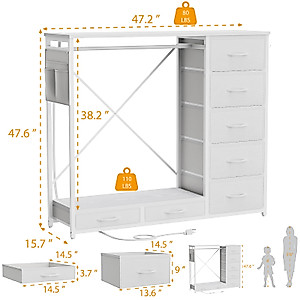 SZLHANJZ Dresser for Bedroom with Hanging Rack, 7 Drawer Clothes Storage Chest with Lights and Charging Station, Wardrobe Dresser with Hooks and Pocket, Wood Top, Nursery White