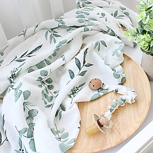 LifeTree Newborn Swaddle Set with Matching Hat and Headband Bow, Wooden Birth Announcement Card, Muslin Baby Swaddle Blankets for Boys & Girls, Eucalyptus Pattern