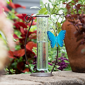La Crosse 704-4645B Blue 5 inch Capacity Glass Butterfly Rain Gauge with Ground Rod