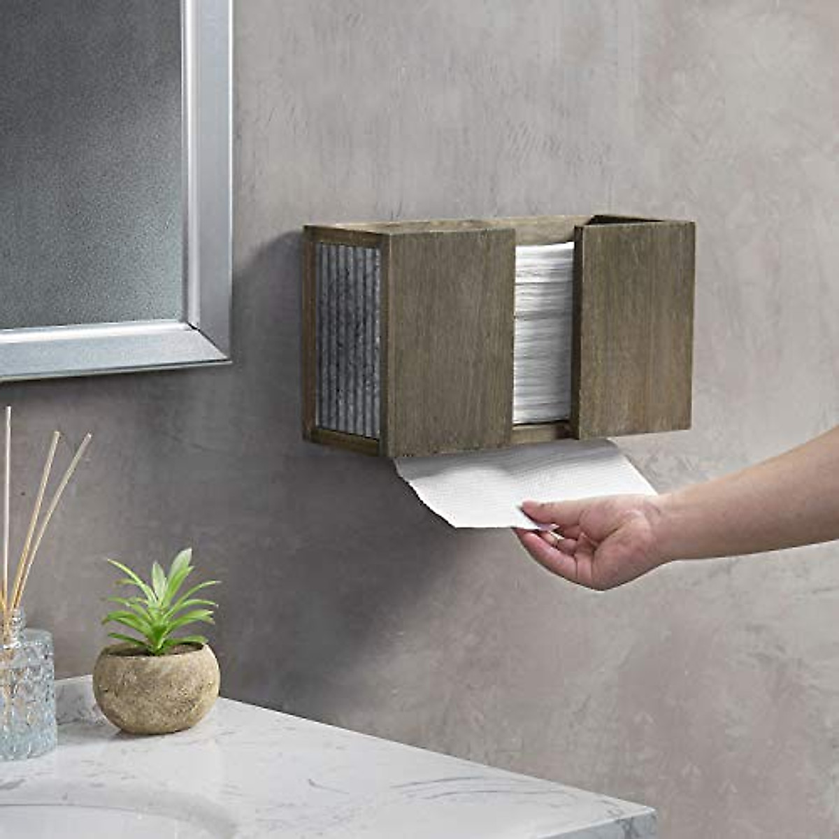 MyGift Paper Towel Holder Countertop, Vintage Reclaimed Style Gray Wood and Galvanized Metal Tabletop or Wall Mounted Folded Paper Towel Dispenser