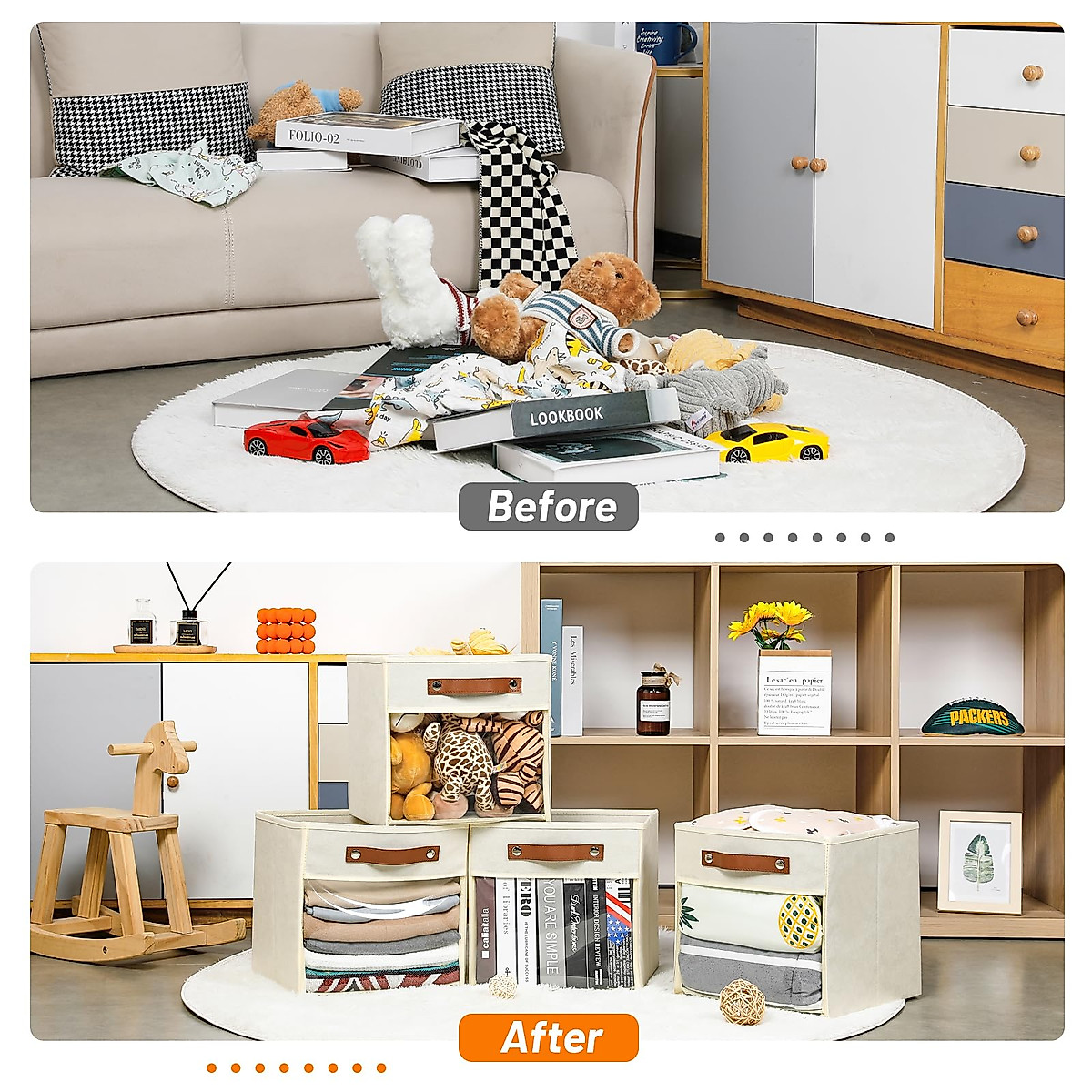 HNZIGE 11 Inch Cube Storage Bin for Storage Organizer,Shelf Fabric Storage Bin for Cube Organizer, Canvas Clear Cube Storage Bins,Collapsible Cubby Decorative for Cube Storage Cloth Home(Cream 4 PCS)