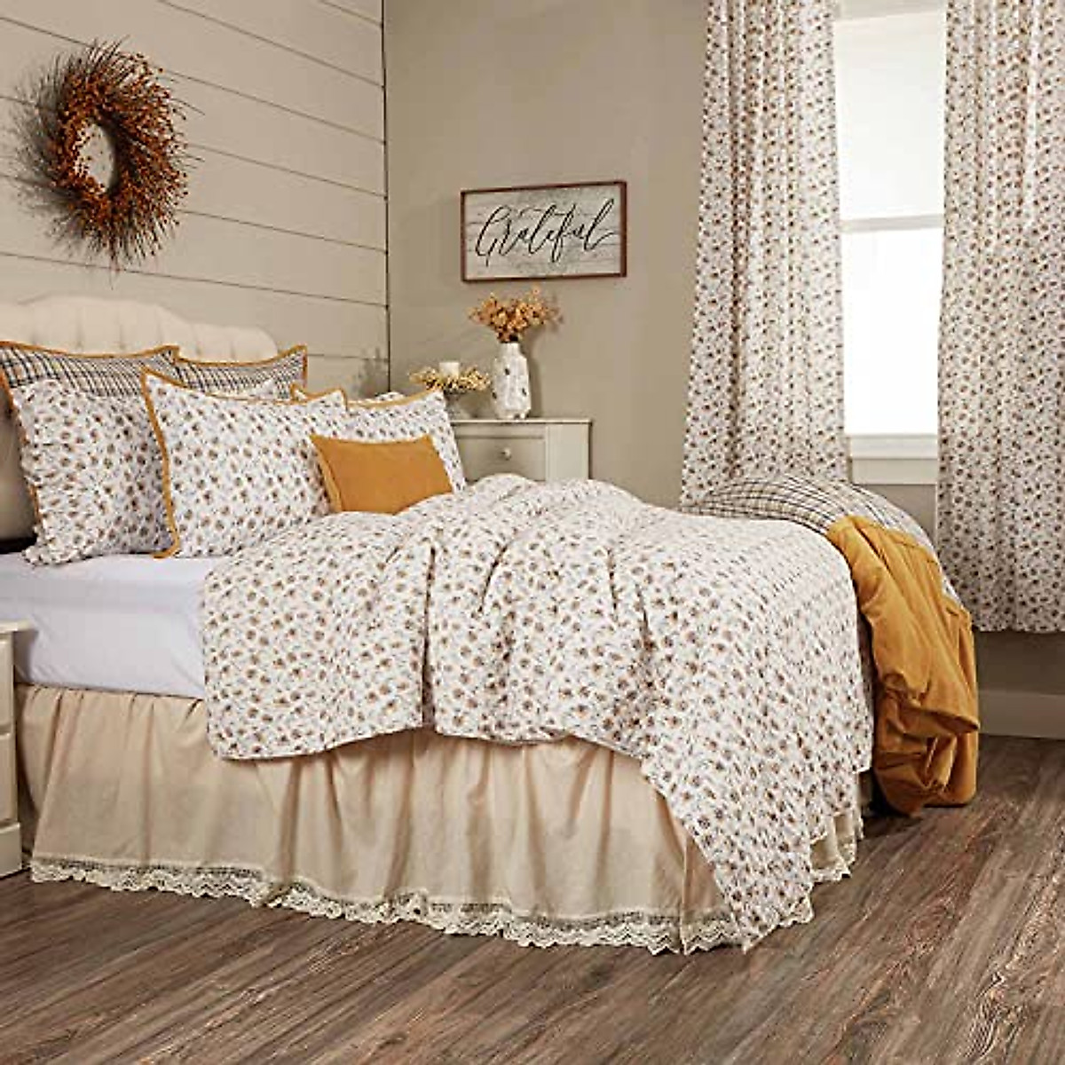 Morning Meadow Floral King Quilted Bedspread, 95" L x 105" W, Mustard and Yellow Printed Flowers on an Off White Quilt, Farmhouse, Country Cottage, Vintage Bedding