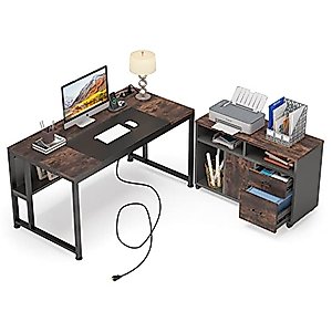 Tribesigns 55 inches Executive Desk with File Cabinet and Power Outlet,L-Shaped Computer Credenza Desk, Home Offices Desk with Drawers and Shelves, Rusitc Business Furniture Set