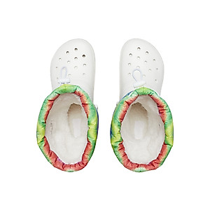 Crocs Classic Lined Neo Puff Fuzzy Winter Boots Snow, White/Multi Spray Dye, 2 US Unisex Little Kid