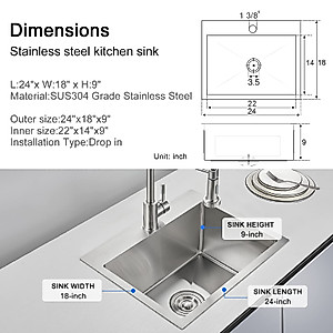 TSIBOMU 24 Inch Kitchen Sink Drop-in, 18 Gauge Stainless Steel Single Bowl Single Faucet Hole Top Mount Workstation Sink, 24x18x9