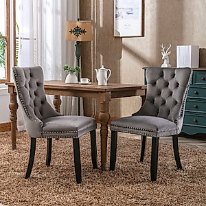 MZDOO Velvet Dining Chairs Set of 6, Tufted Upholstered Dining Room Chairs with Back Ring Pull, Nailhead Trim and Solid Wood Legs, Modern Dining Chair for Dining Room, Kitchen(Grey)