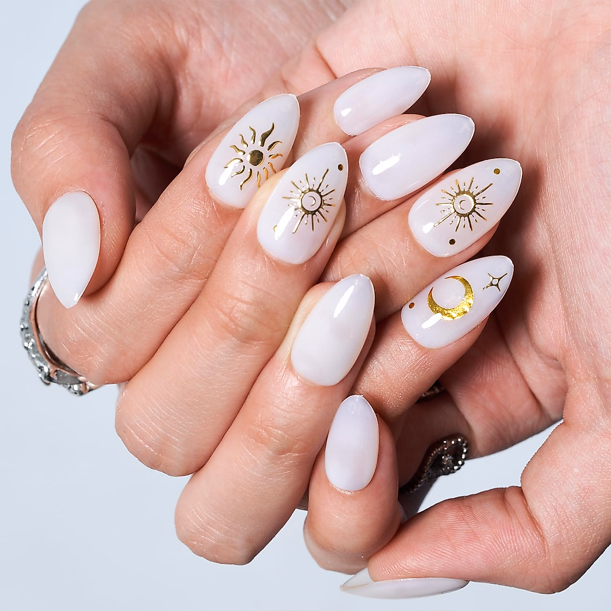 GLAMERMAID White Press On Nails Short Almond, 3D Gothic Handmade Soft Jelly Gel Fake Nails with Golden Star Blossom Design, Round Oval Stick Glue on Nail Kit for Women, Reusable Acrylic False Nail Set
