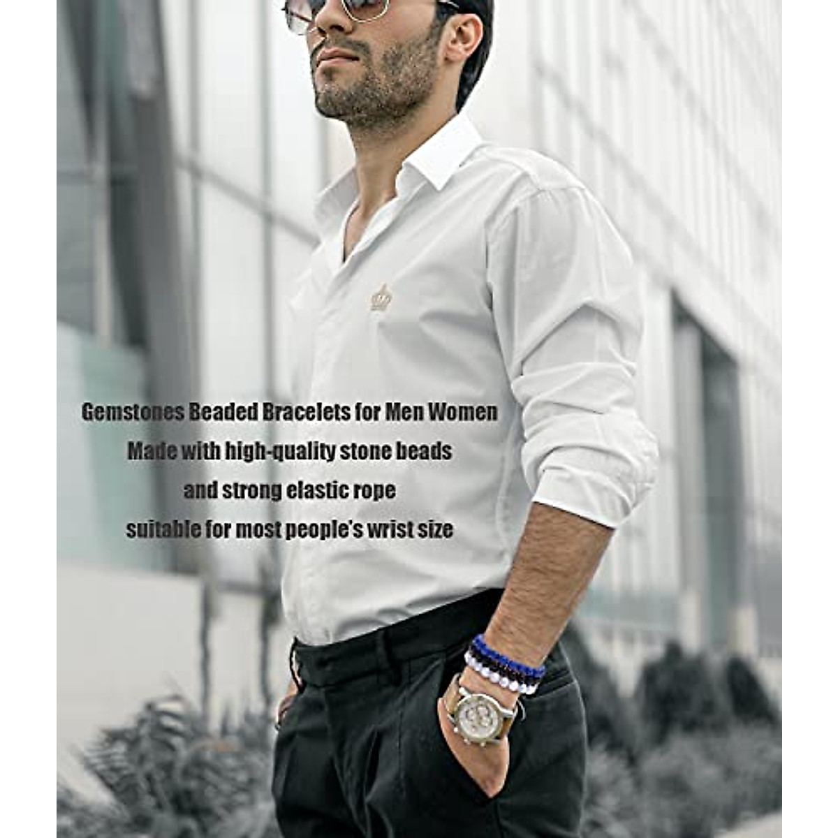 BOMAIL 3PCS Semi-Precious Gemstone Bracelet - Healing Crystal Stone Beaded Bracelets for Women Men 8mm Round Beaded Stretch Bracelets Unisex Stress Relief Yoga Bracelets Gifts