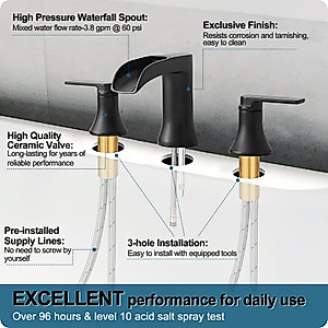 HOIGY Solid Brass Waterfall Bathtub Faucets Set, 3 Hole Matte Black Tub Faucet 2 Handle, High Flow Roman Tub Faucets Widespread 6-16 Inch Deck Mount
