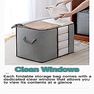 Large Capacity Clothes Storage Bag Organizer Reinforced Handle Thick Fabric for Comforters, Blankets, Bedding, Foldable with Sturdy Zipper, Clear Window, 3 Pack, 56L, Grey