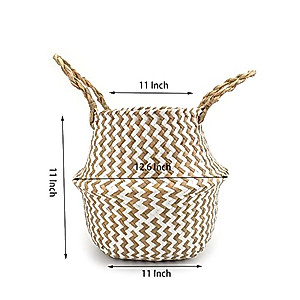 Nicunom 2 Pack Seagrass Belly Basket White Zigzag Pattern, 11 Inch Foldable Hand Woven Plant Basket with Handles, Storage Laundry, Picnic, Beach Bag, Plant Pot Cover for Home Decor