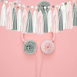 InBy 26pcs Pink Grey Party Decorations Baby Shower Decoration for Girl 12" 10" 8" Tissue Paper Flower Pom Poms Tassel Garland for Wedding Birthday Bachelorette Bridal Baby Girl Shower Party Decoration