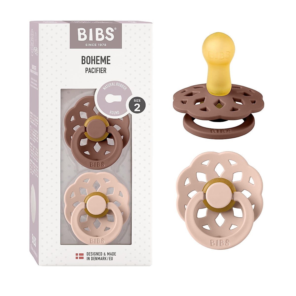 BIBS Pacifiers - Boheme Collection | BPA-Free Baby Pacifier | Made in Denmark | Set of 2 Woodchuck/Blush Color Premium Soothers | Size 6-18 Months