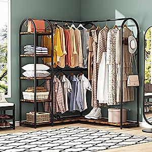 Tribesigns L Shape Clothes Rack, Corner Garment Rack with Storage Shelves and Hanging Rods, Space-Saving Large Open Wardrobe Closet for Bedroom