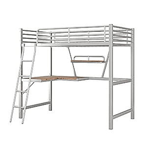 Anwickmak Twin Size Loft Bed with Desk and Shelf, Metal Loft Bed Frame, Loft Bed with Ladders and Safety Guard Rails for Boys,Girls, Teens, Adults