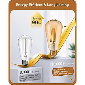 EDISHINE 6 Pack Vintage LED Edison Bulbs 8W Equivalent 60W, ST64 Dimmable Led Light Bulbs, 700LM 2200K Amber Warm Light E26, Decorative Antique LED Filament Bulbs for Home and Commercial, UL Listed