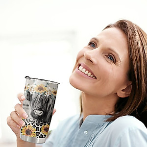 CHICKOR Bull Skull Tumbler Sunflower Leopard 20 Oz With Lid, Sunflower Cow Cups Tumbler, Sunflower Coffee Mugs, Cow Themed Gifts For Women, Double Wall Insulated Stainless Steel Travel Mug…