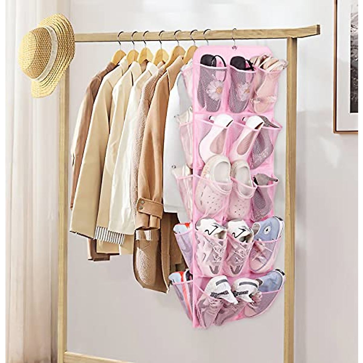 AOODA Hanging Kids Shoe Organizer for Closet Rod Double Sided 30 Large Pockets Baby Shoe Rack for Toddler Shoe Holder With Rotating Hanger For Barbie, Baby Nursery, (Pink)