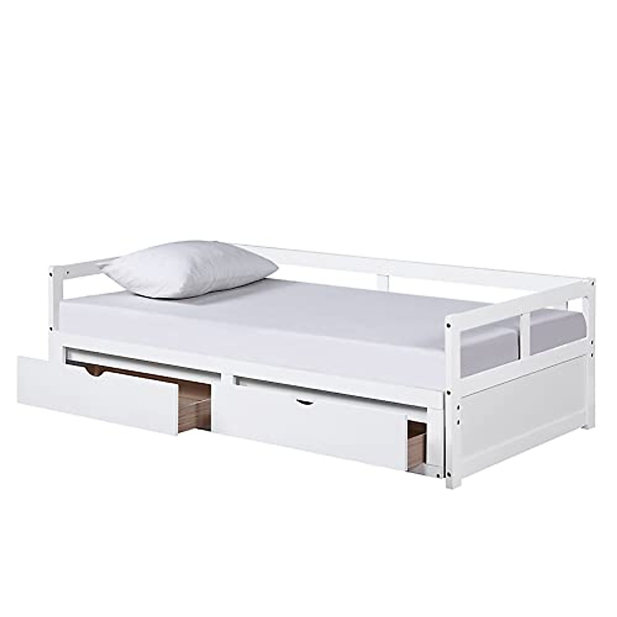 YSWH Pinewood Extending Daybed with Storage Drawers, Can Be Expanded from Twin Size to King Size, Sofa Bed Frame with Safety Guardrails, for Kids Teens (White)