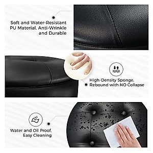 GREENSTELL Vanity Stool with Storage, 19" to 23" Height Adjustable PU Leather Vanity Chair, 360° Swivel Makeup Stool with Removeable Tray, Modern Ottoman for Bedroom Bathroom, Black