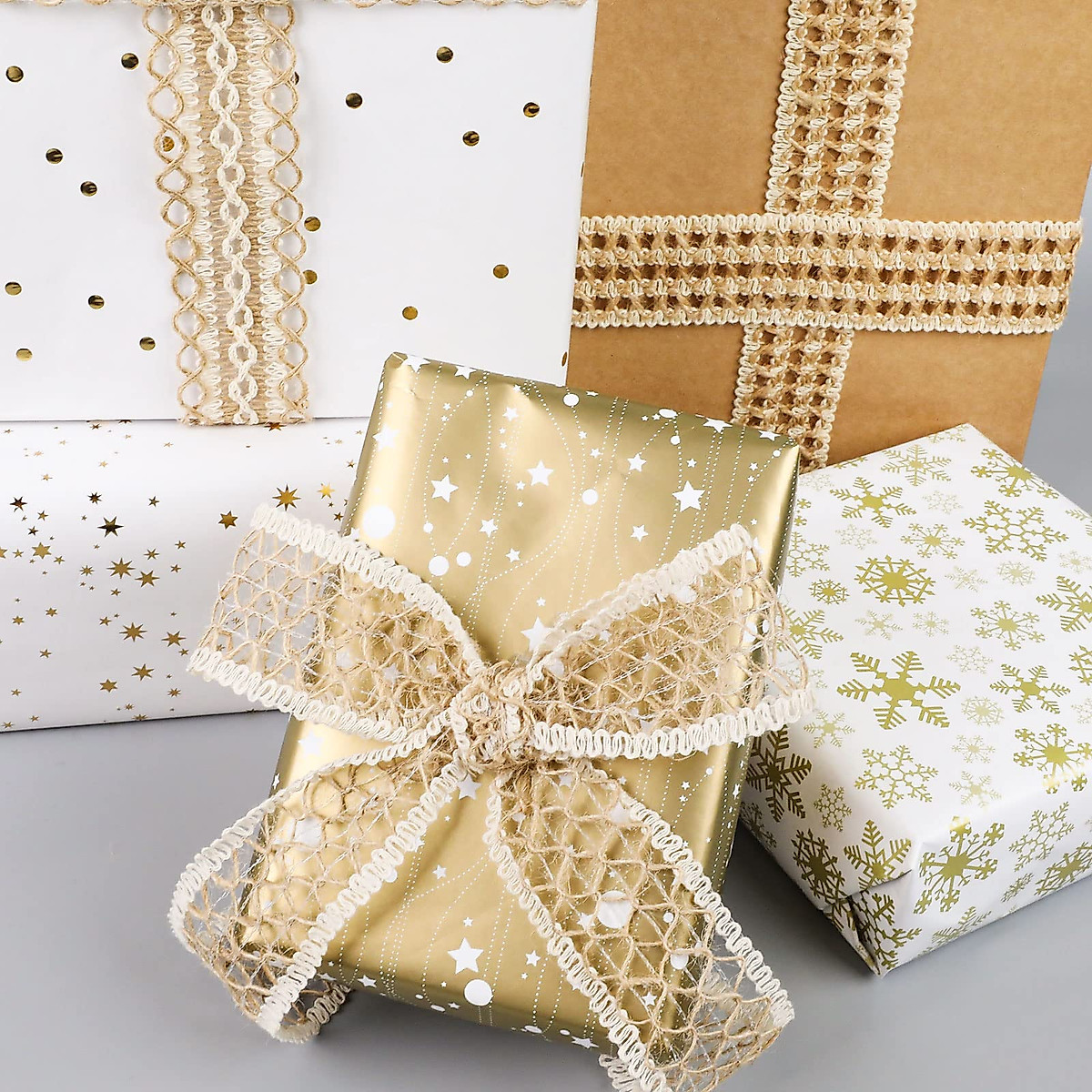 7 Rolls 14 Yards Burlap Lace Jute Ribbon for Crafts, Christmas Ribbon for Gift Wrapping, Burlap Ribbon for Holiday Party Wedding Invitations Flowers Bouquets Rustic Home Decorations